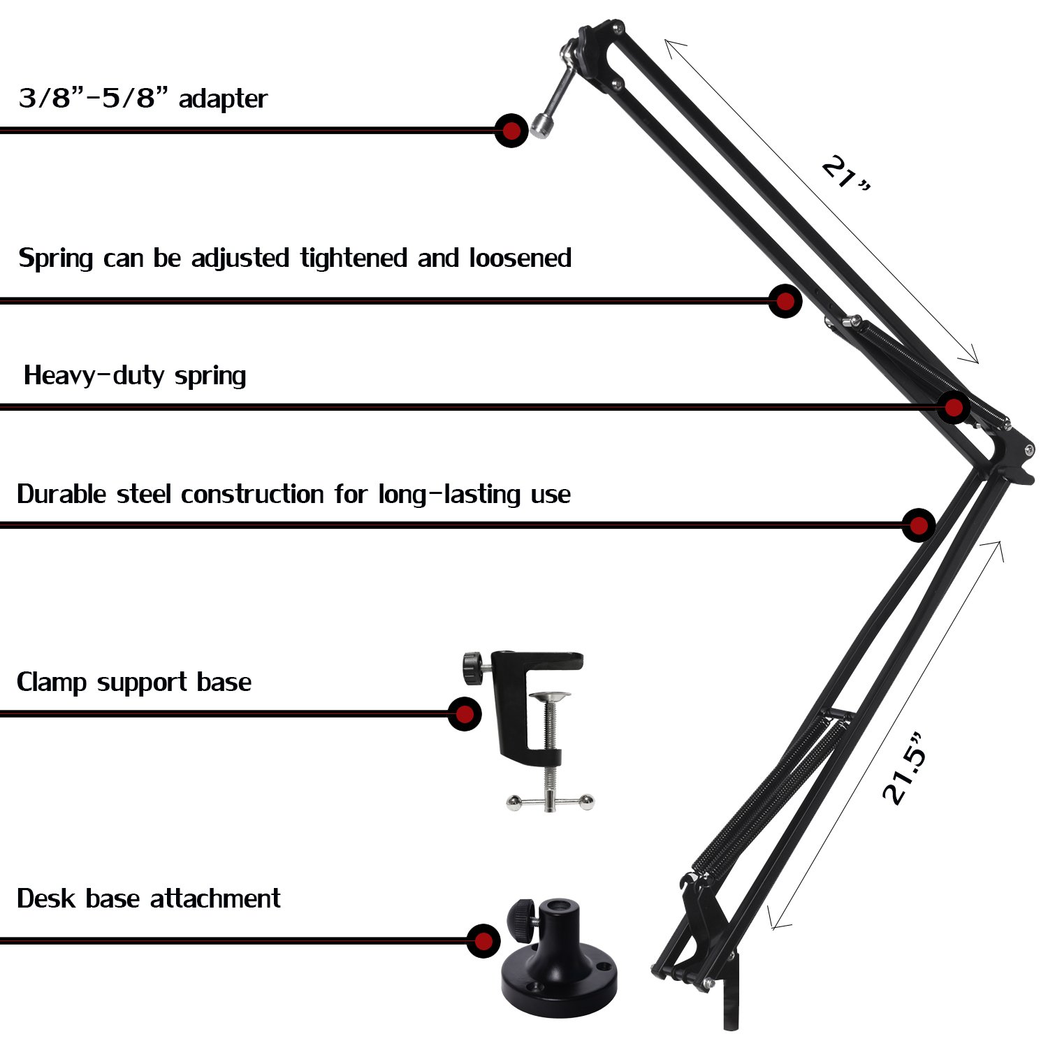 LyxPro DKR-1 Microphone Arm Stand Mount Adjustable Mic Boom Stand Swivel Mount Suspension Scissor & Clip - Desk Attachment and Clamp, Supports Blue Yeti Snowball,Black