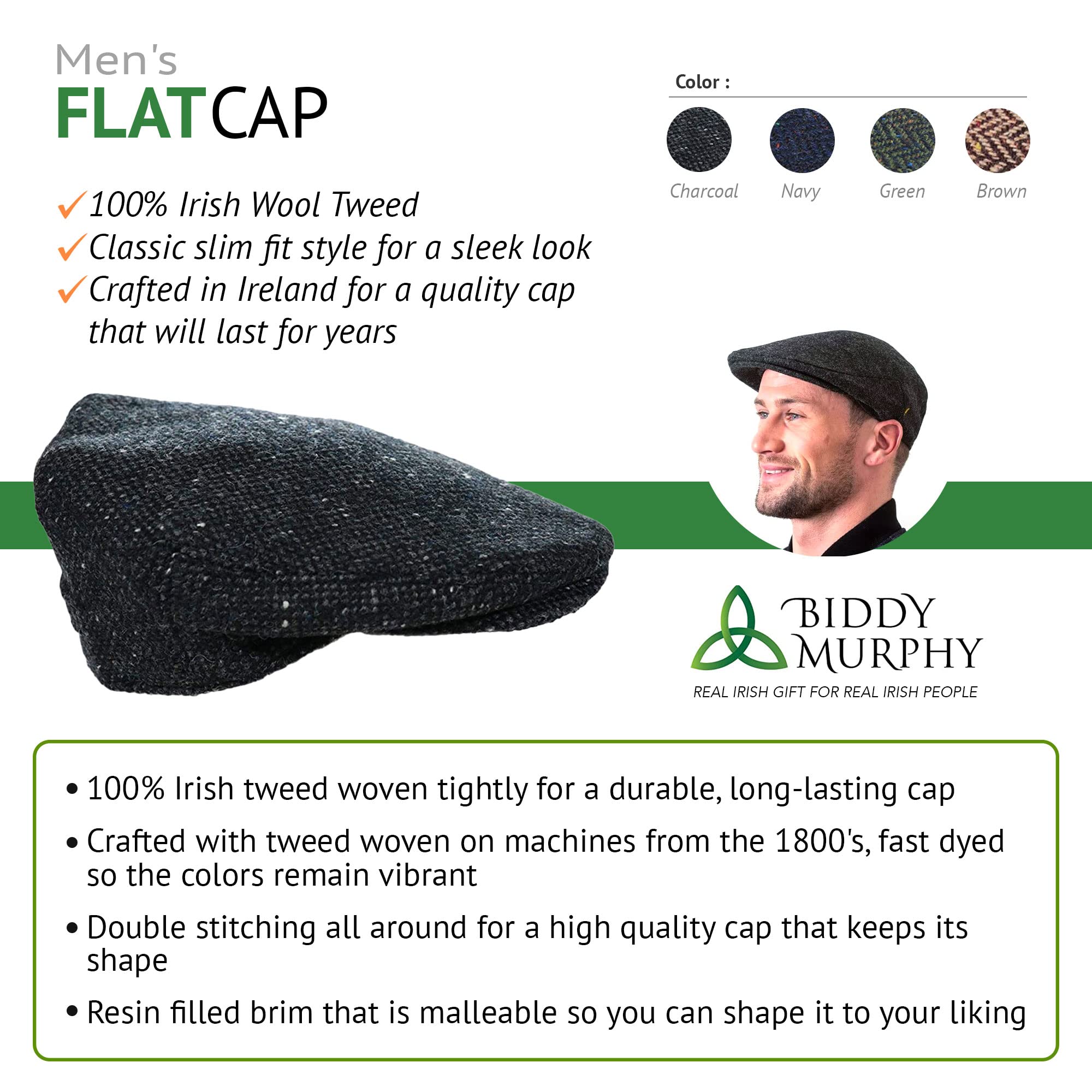 Biddy Murphy Men's Irish Newsboy 100% Wool Flat Cap, Warm Tuck-Away Ear Flaps, Black, Large