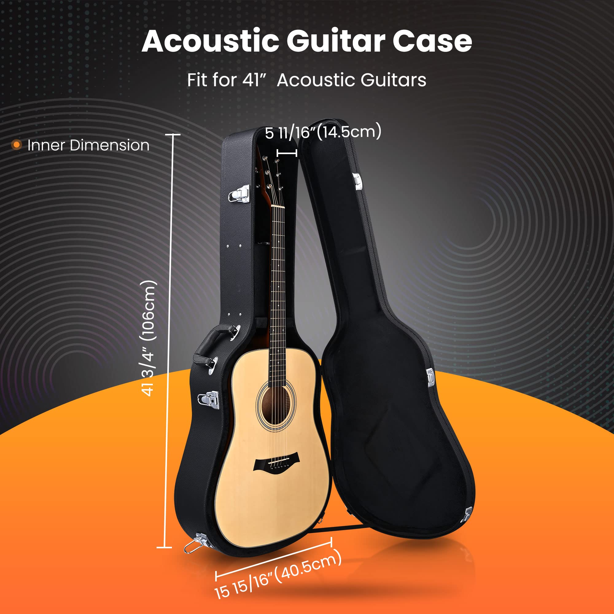 AW 41" Acoustic Guitar Hard Case Wooden Hard Shell Carrying Case with Lock Latch Key Black