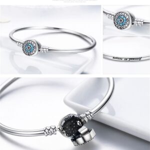 BISAER Evil Eye Bracelet Sterling Silver Clasp Charm Bangle Bracelet for Bead Charms with Sapphire Gemstones Evil Eye Clip Lock Stopper(17/19cm/ 21cm)