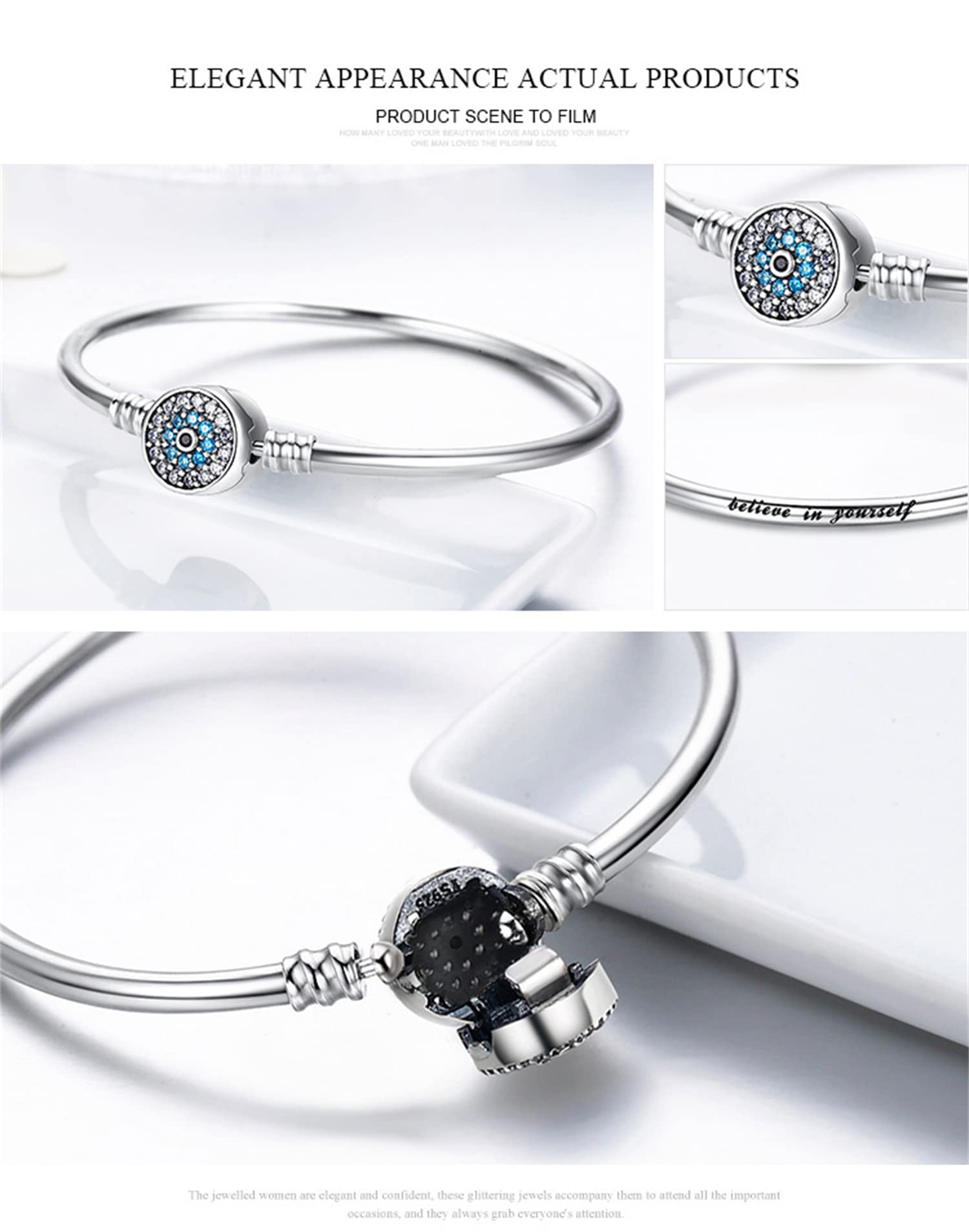 BISAER Evil Eye Bracelet Sterling Silver Clasp Charm Bangle Bracelet for Bead Charms with Sapphire Gemstones Evil Eye Clip Lock Stopper(17/19cm/ 21cm)