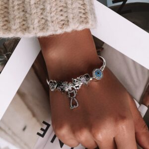 BISAER Evil Eye Bracelet Sterling Silver Clasp Charm Bangle Bracelet for Bead Charms with Sapphire Gemstones Evil Eye Clip Lock Stopper(17/19cm/ 21cm)