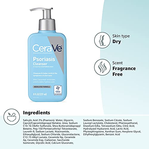 CeraVe Cleanser for Psoriasis Treatment | With Salicylic Acid for Dry Skin Itch Relief & Latic Acid for Exfoliation | Fragrance Free & Allergy Tested | 8 Ounce