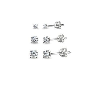 3 pair set sterling silver cubic zirconia round stud earrings, 2mm 3mm 4mm