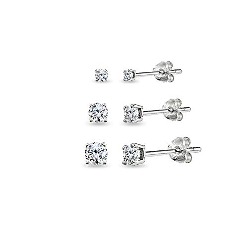 3 Pair Set Sterling Silver Cubic Zirconia Round Stud Earrings, 2mm 3mm 4mm