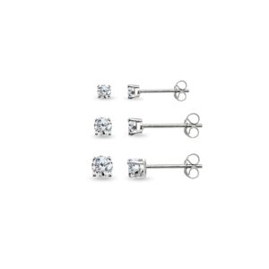 3 Pair Set Sterling Silver Cubic Zirconia Round Stud Earrings, 2mm 3mm 4mm