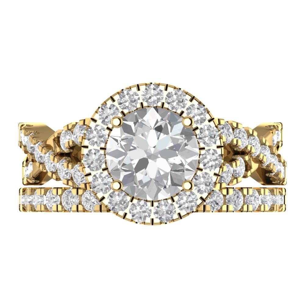 Clara Pucci 1.92 Carat Round Cut Clear VVS1 Ideal Zircon 14k Yellow Gold Halo W/Accents Wedding Bridal Anniversary Ring Band Set Size 6