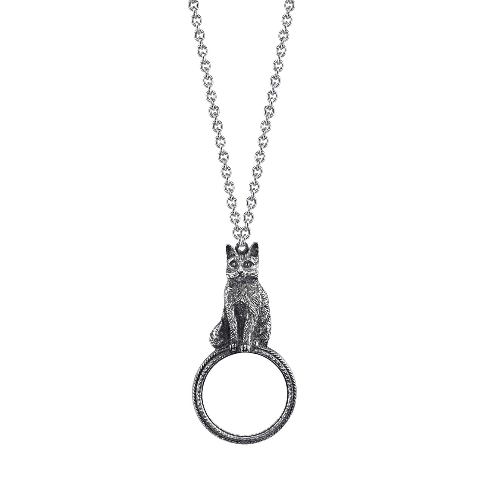 1928 Jewelry Women's Pewter Cat Magnifying Glass Pendant Necklace 30" - Magnification Power: 2-3X