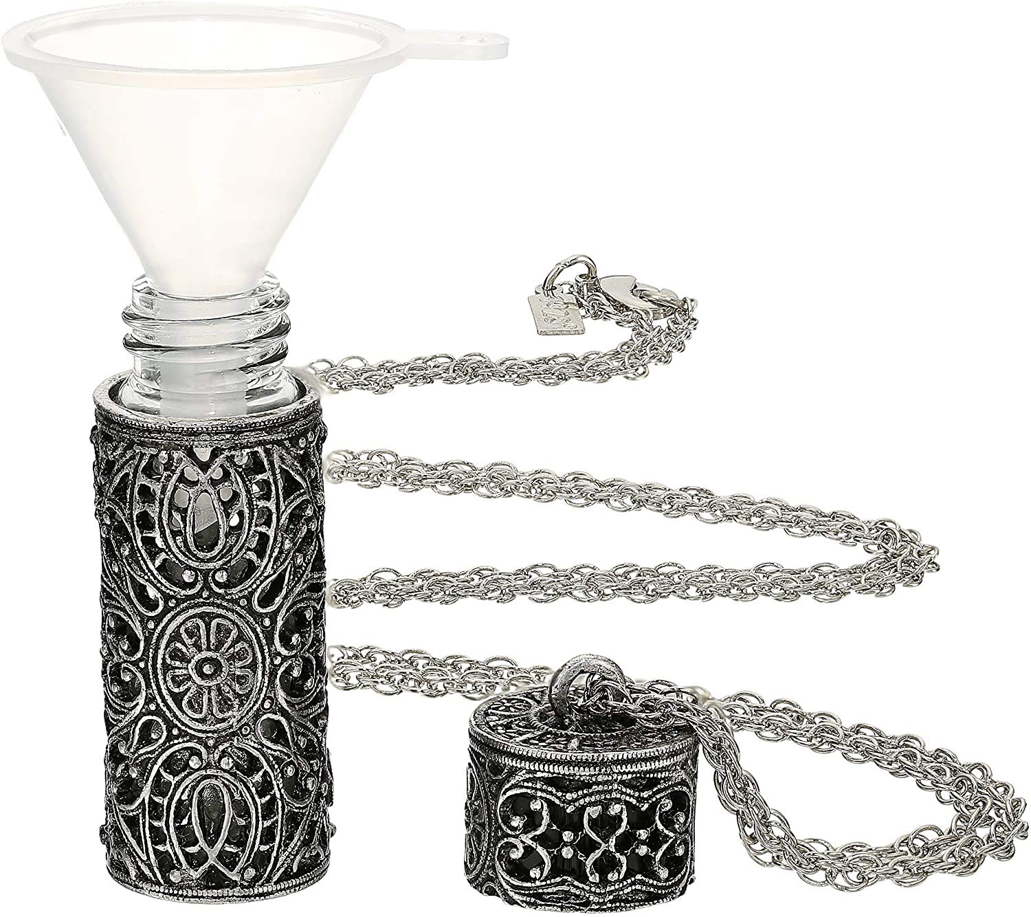 1928 Jewelry Women's Antiqued Pewter Filigree Covered 3.69 Ml Glass Vial Pendant Necklace Enhancer, 30