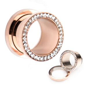 screw fit rose gold pvd plated with multigem clear cz wildklass plugs (2g)