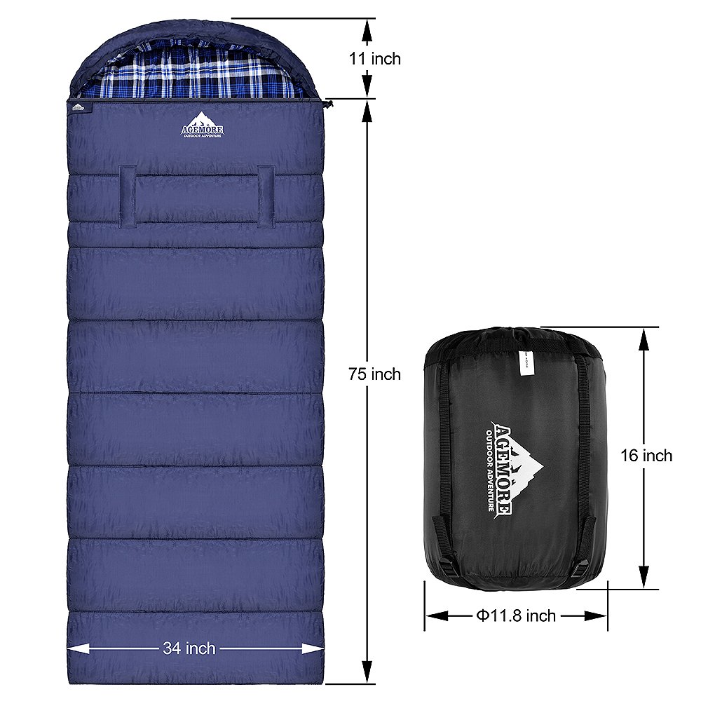 AGEMORE Cotton Flannel Sleeping Bag XL for Camping, Envelope Sleeping Bags for Adults 91"X35", Great for 3-4 Season Traveling, Hiking & Outdoor Activities, Waterproof Comfort with Compression Sack