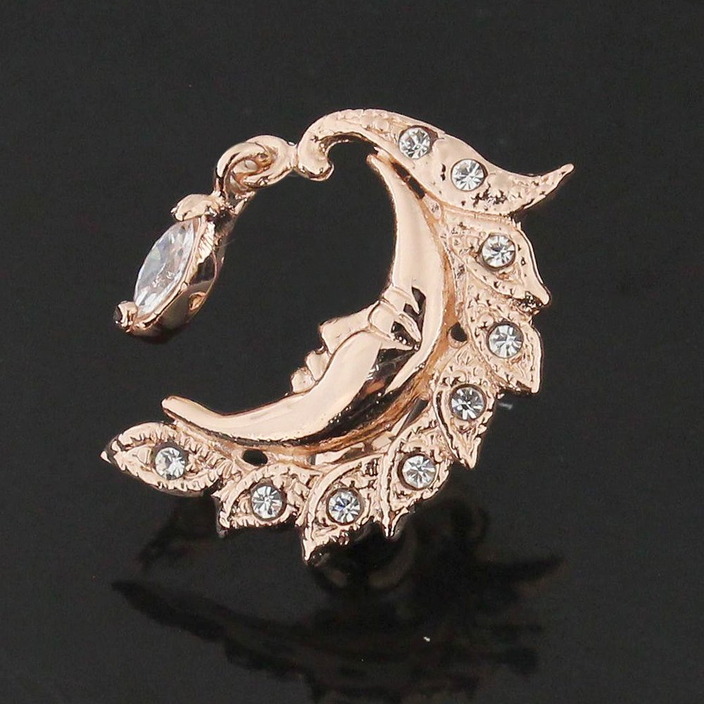 3 Micron 18K Rose Gold Plated Clear Crystal Stone Tribal Moon Reverse Bar Design 925 Sterling Silver Belly Button Ring