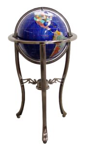 unique art since 1996 brand 37" tall bahama blue pearl swirl ocean floor standing gemstone world globe with tripod silver stand and 50 us state stones