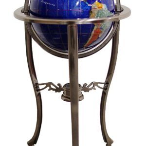 Unique Art Since 1996 Brand 37" Tall Bahama Blue Pearl Swirl Ocean Floor Standing Gemstone World Globe with Tripod Silver Stand and 50 US State Stones