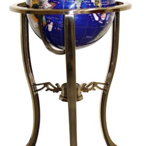 Unique Art Since 1996 Brand 37" Tall Bahama Blue Pearl Swirl Ocean Floor Standing Gemstone World Globe with Tripod Silver Stand and 50 US State Stones