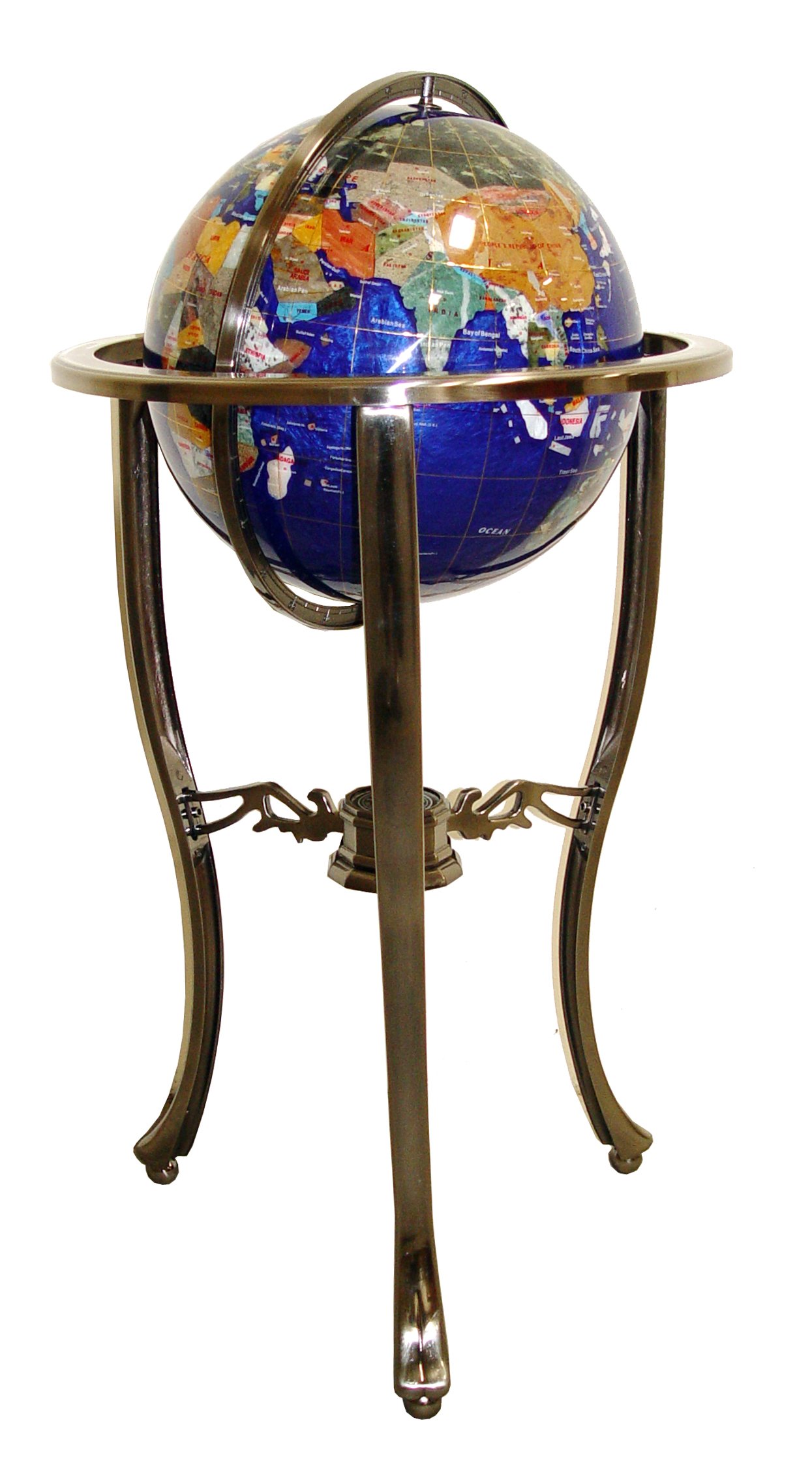 Unique Art Since 1996 Brand 37" Tall Bahama Blue Pearl Swirl Ocean Floor Standing Gemstone World Globe with Tripod Silver Stand and 50 US State Stones