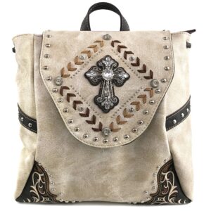 justin west trendy western cross rhinestone leather conceal carry top handle square backpack purse (beige backpack)