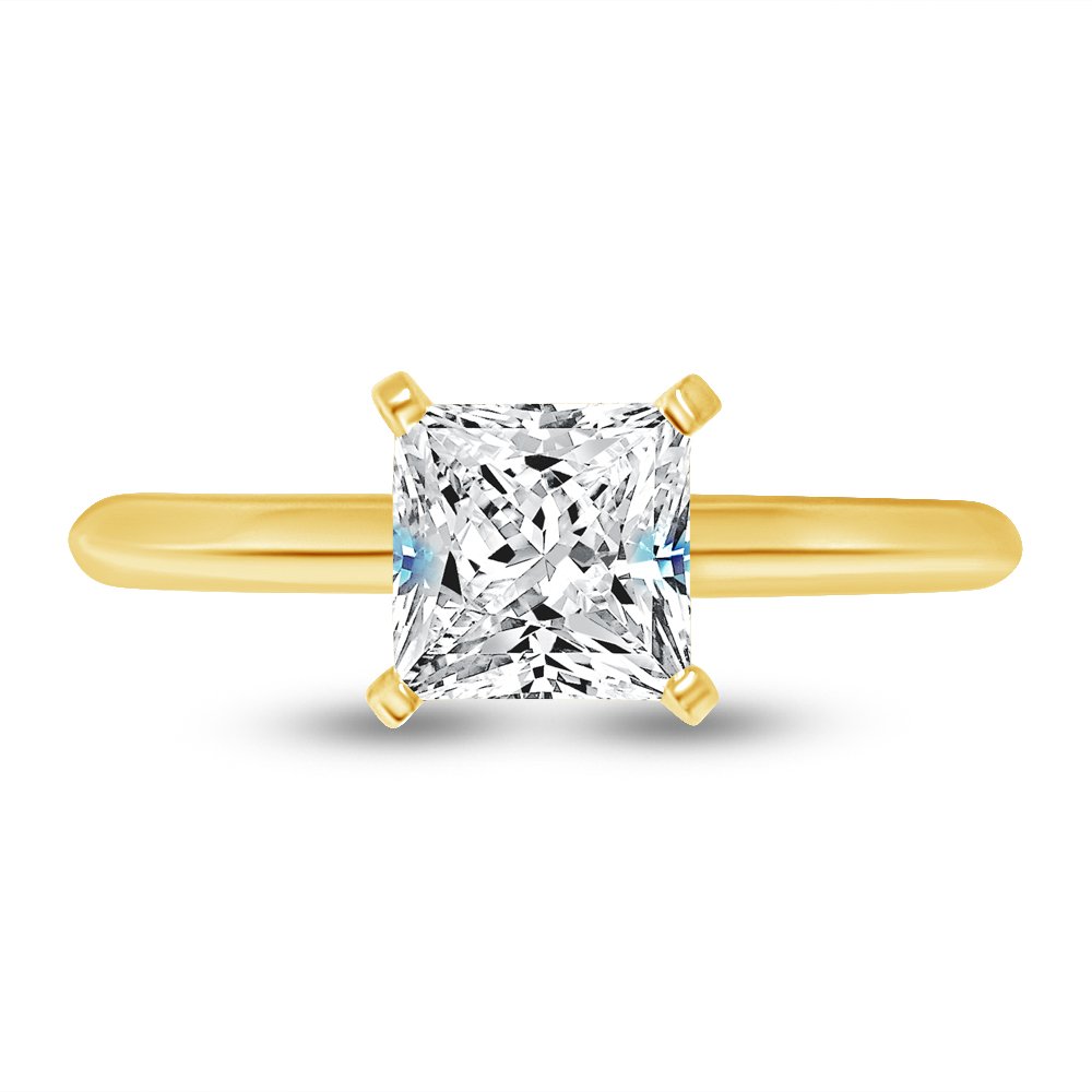 Size - 5.5 - Solid 14k Yellow Gold Princess Cut Knife-Edge Four Prong Solitaire Engagement Ring CZ Cubic Zirconia 1.0ct.