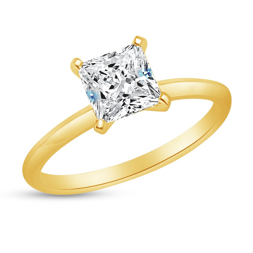 Size - 5.5 - Solid 14k Yellow Gold Princess Cut Knife-Edge Four Prong Solitaire Engagement Ring CZ Cubic Zirconia 1.0ct.