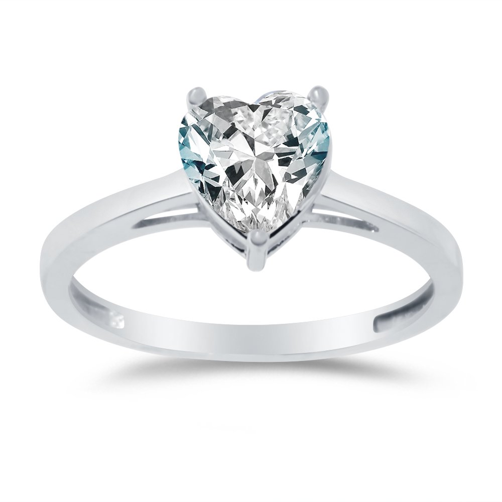 Size - 7.5 - Solid 14k White Gold Heart Cut One Single Stone Solitaire Wedding Engagement Ring CZ Cubic Zirconia 1.50ct.