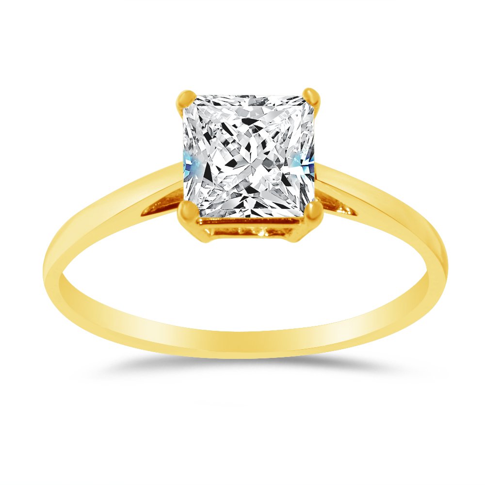 Size - 6.5 - Solid 14k Yellow Gold Princess Cut Thin Band Solitaire Wedding Engagement Ring CZ Cubic Zirconia 1.0ct.