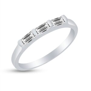 Size - 7 - Solid 14k White Gold 2mm Baguette Cut Three Stone Anniversary Ring Wedding Band CZ Cubic Zirconia 1/2 cttw.