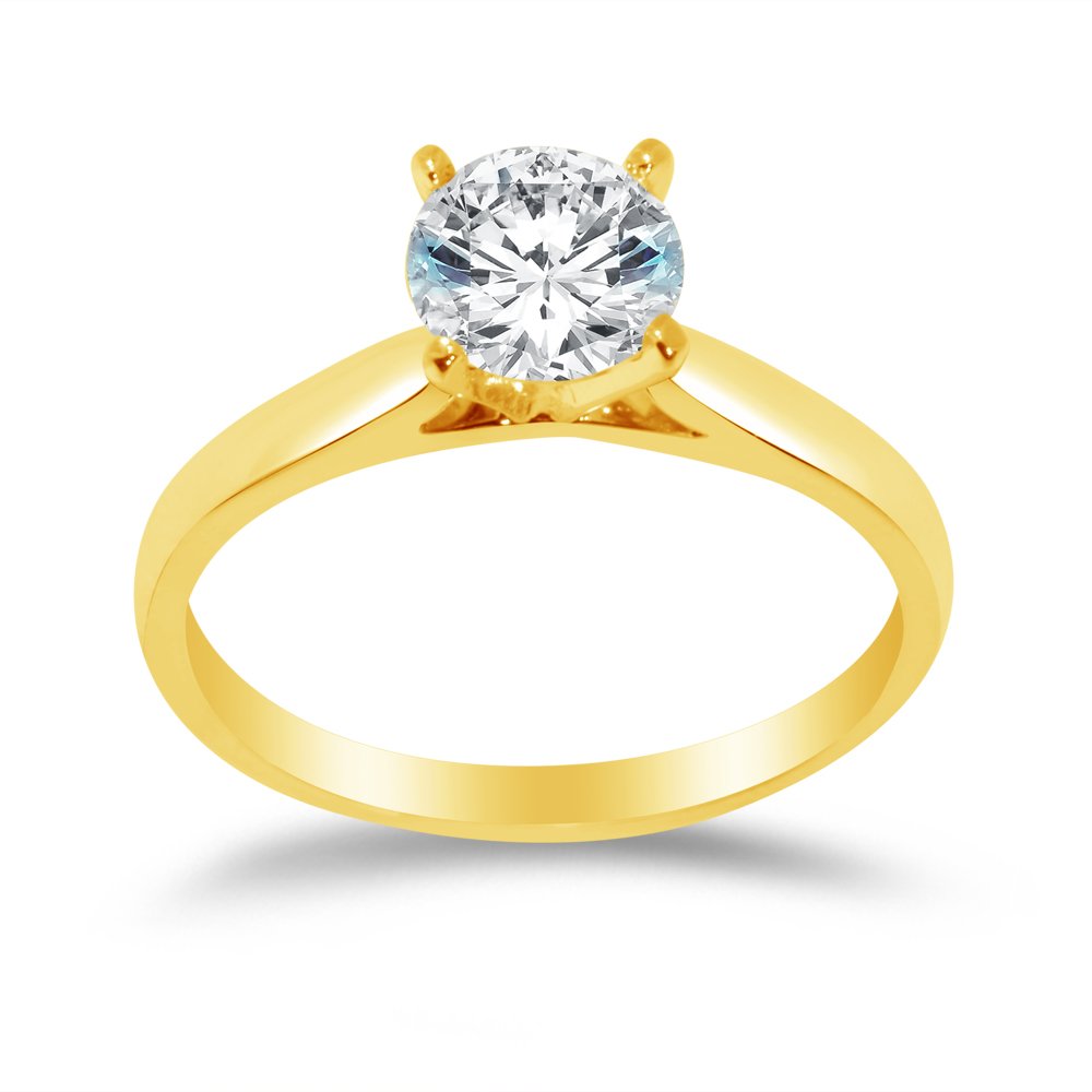 Size - 10 - Solid 14k Yellow Gold Round Cut Four Prong Solitaire Wedding Engagement Ring CZ Cubic Zirconia 1.0ct.