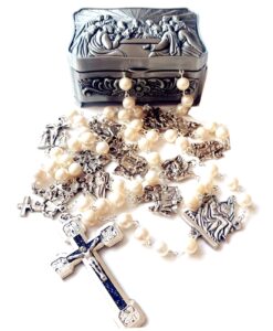 elegantmedical stations of the cross prayer rosary real white pearl beads necklace catholic gifts box