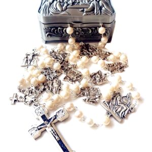 elegantmedical Stations of the Cross Prayer Rosary Real White Pearl Beads Necklace Catholic Gifts Box