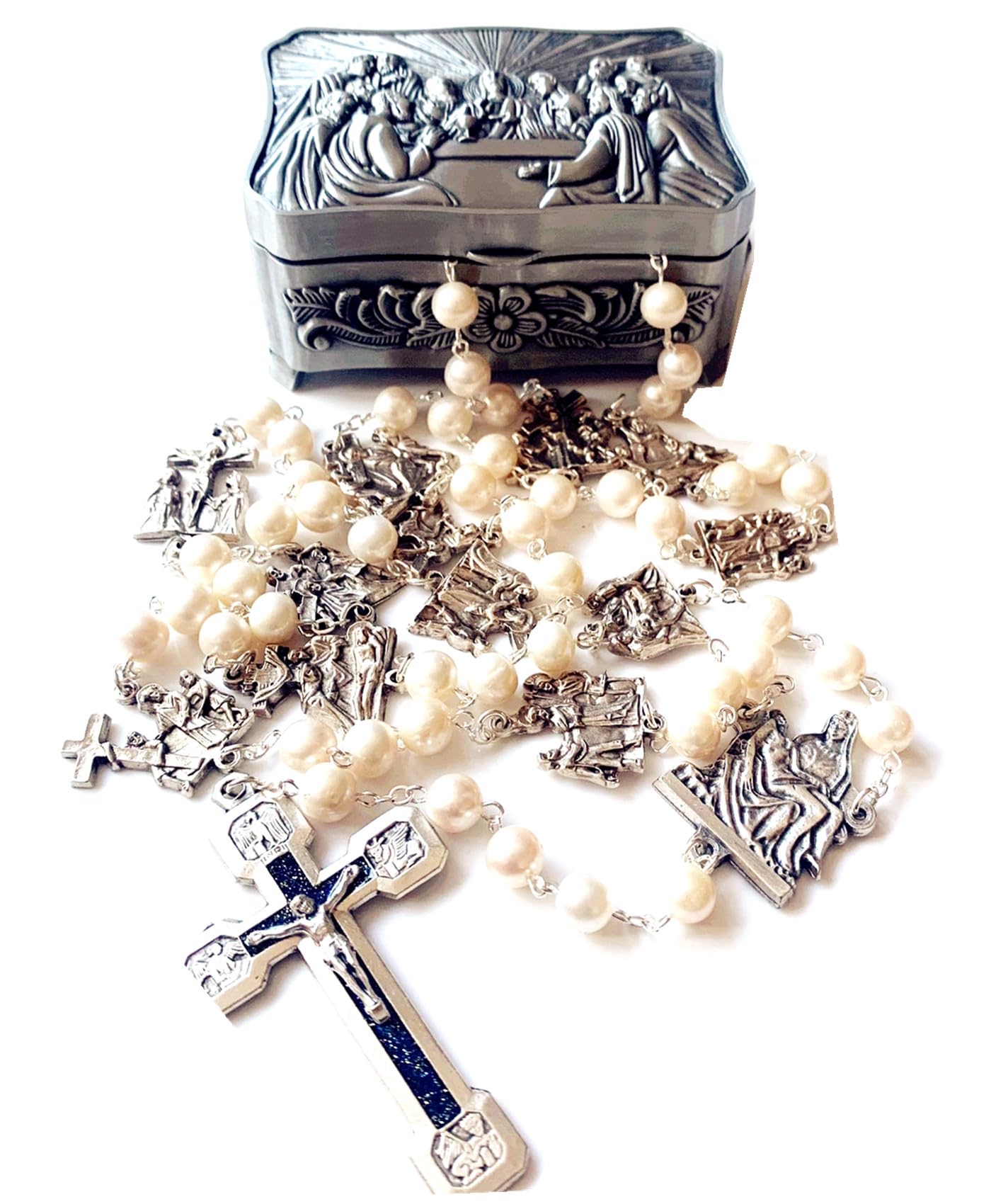 elegantmedical Stations of the Cross Prayer Rosary Real White Pearl Beads Necklace Catholic Gifts Box