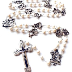 elegantmedical Stations of the Cross Prayer Rosary Real White Pearl Beads Necklace Catholic Gifts Box