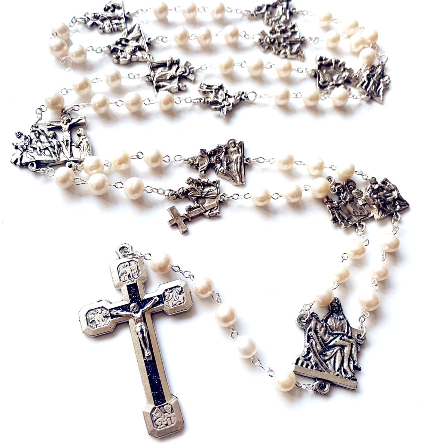 elegantmedical Stations of the Cross Prayer Rosary Real White Pearl Beads Necklace Catholic Gifts Box