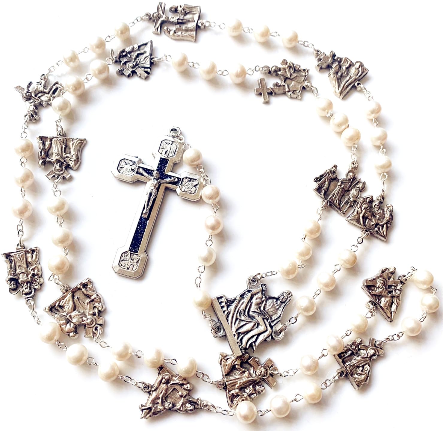 elegantmedical Stations of the Cross Prayer Rosary Real White Pearl Beads Necklace Catholic Gifts Box