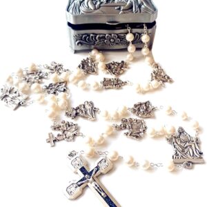 elegantmedical Stations of the Cross Prayer Rosary Real White Pearl Beads Necklace Catholic Gifts Box