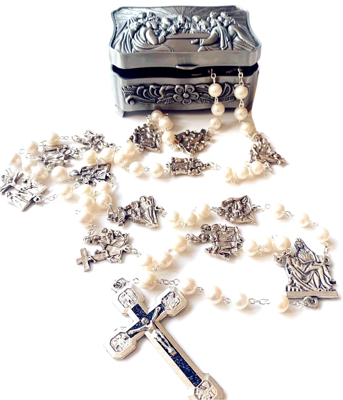 elegantmedical Stations of the Cross Prayer Rosary Real White Pearl Beads Necklace Catholic Gifts Box