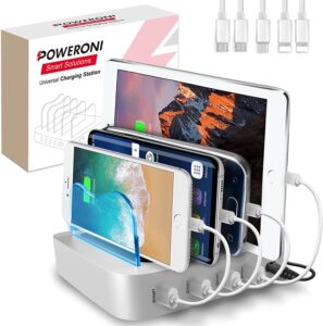 poweroni usb charging dock - 4-port - fast charging station for multiple devices apple - multi device charger station - compatible with apple ipad iphone and android cell phone and tablet