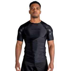 sanabul essentials short sleeve compression shirt for men | jiu jitsu bjj t shirt (large, all black)