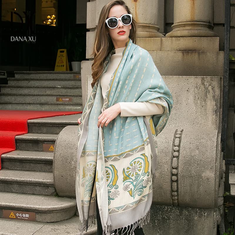 DANA XU 100% Merino Wool Extra Large Pashmina Blanket Travel Scarf Cashmere Wrap for Women Fall Winter Oversize Shawl Floral