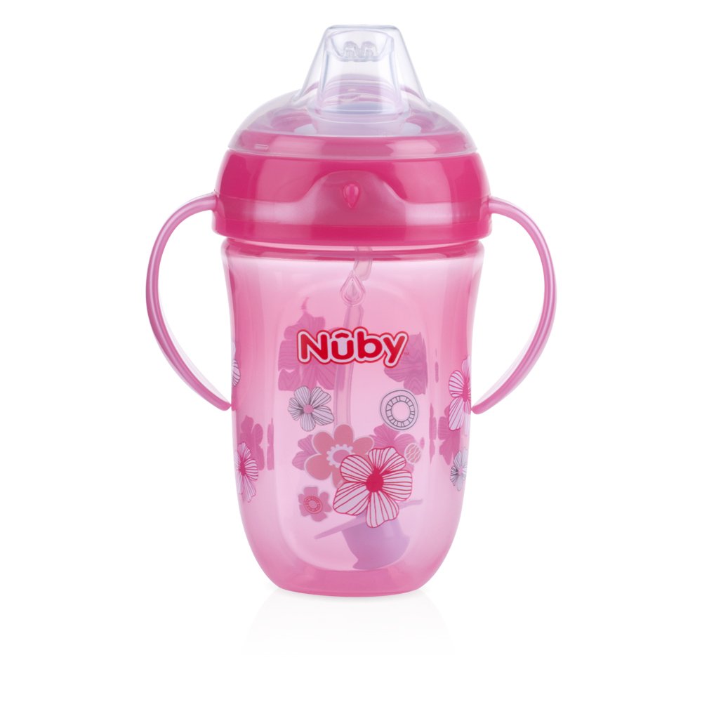 Nuby Comfort Trainer 2 Handle Cup with 360 Weighted Straw and Soft Silicone Spout, 9 Oz, Girl, Pink Flowers