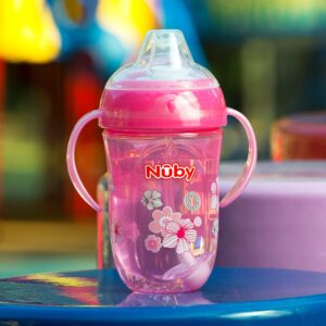 Nuby Comfort Trainer 2 Handle Cup with 360 Weighted Straw and Soft Silicone Spout, 9 Oz, Girl, Pink Flowers