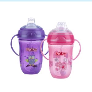 Nuby Comfort Trainer 2 Handle Cup with 360 Weighted Straw and Soft Silicone Spout, 9 Oz, Girl, Pink Flowers