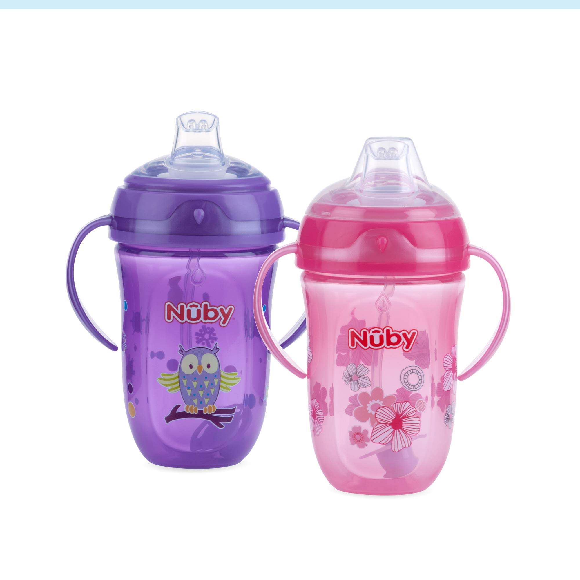 Nuby Comfort Trainer 2 Handle Cup with 360 Weighted Straw and Soft Silicone Spout, 9 Oz, Girl, Pink Flowers