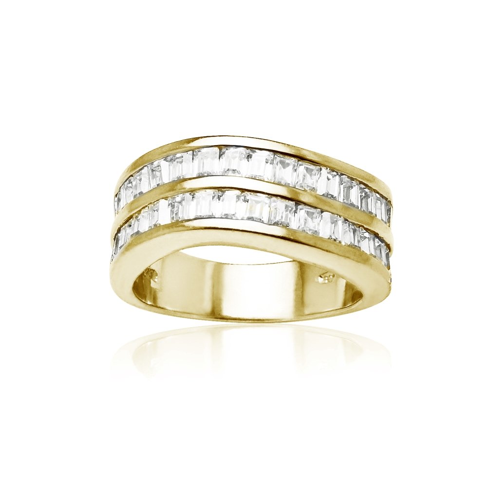 Hoops & Loops Yellow Gold Flashed Sterling Silver Cubic Zirconia Baguette-cut Curved Channel Set Ring, Size 7