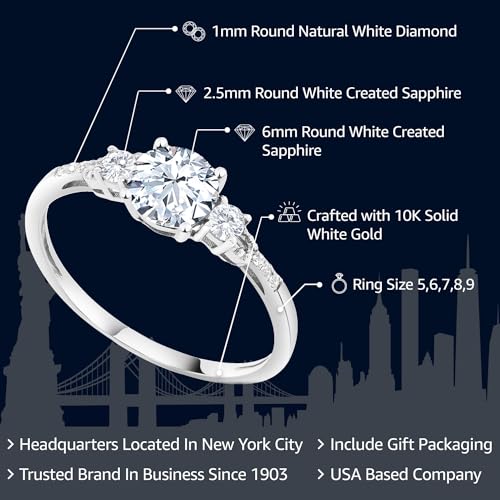 Gem Stone King 10K White Gold 6MM Round Gemstone Birthstone White Created Sapphire & White Diamond Accent 3-Stone Engagement Ring | Three-Stone Wedding Anniversary Promise Ring For Women