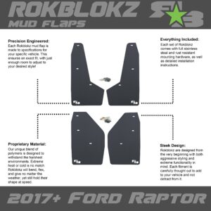 RokBlokz Mud Flaps for 2017-2020 Ford Raptor - Set of 4 - Multiple Colors Available - Mud Guards are Custom Cut and Fit - Includes All Mounting Hardware (Black with Black Logo)