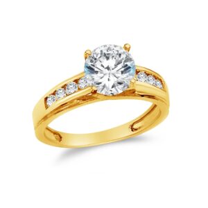 size - 8 - solid 14k yellow gold round cut wedding engagement ring with side stones, cz cubic zirconia (2 ct.)