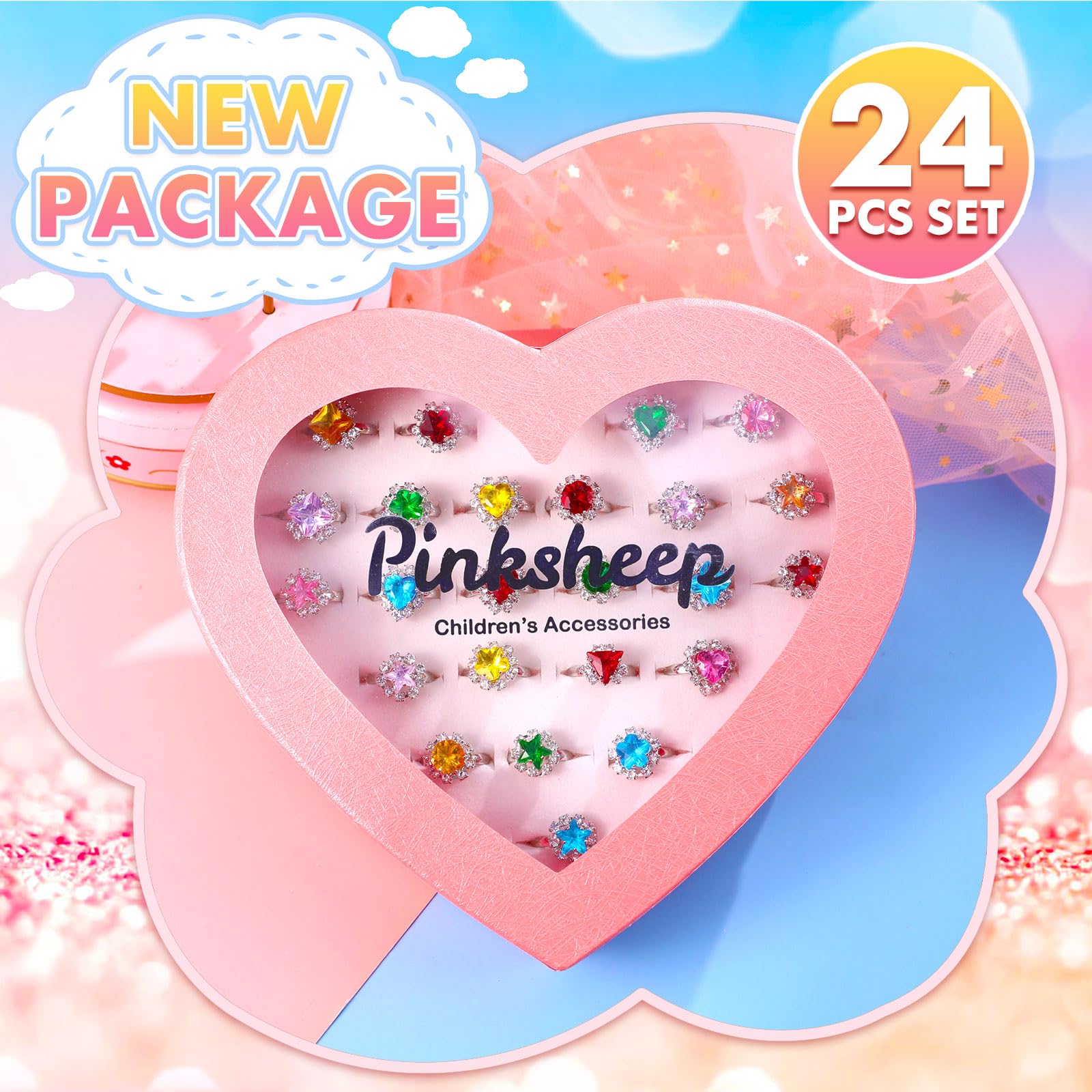 PinkSheep Jewel Rings for Kids 24pc Adjustable No duplication Girl Pretend Play and Dress Up Rings