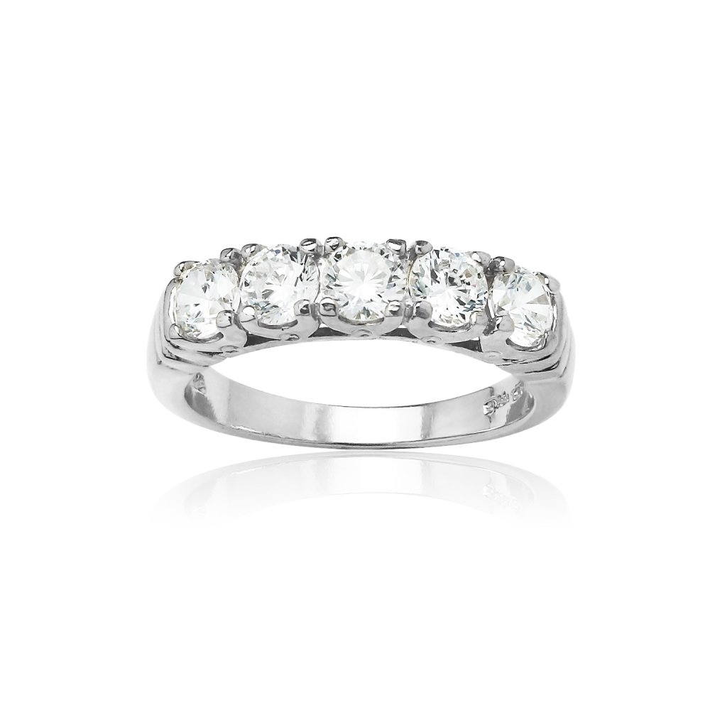 Hoops & Loops 925 Sterling Silver Five Stone Cubic Zirconia Eternity Ring for Women Teen Girls, Silver Size 6