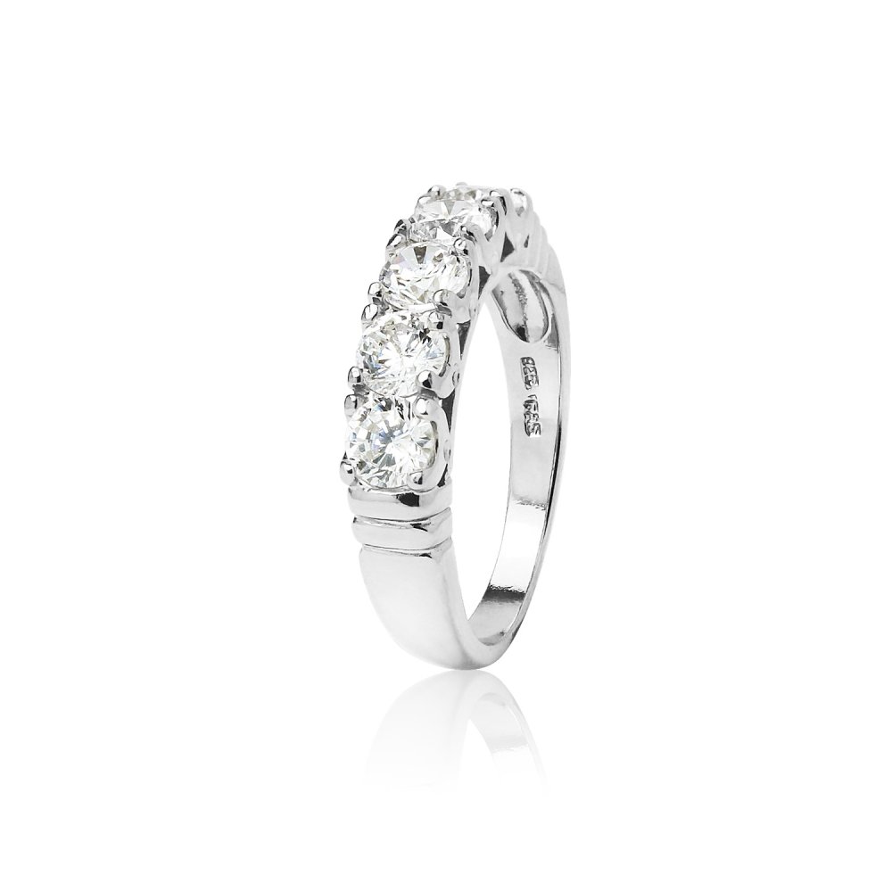 Hoops & Loops 925 Sterling Silver Five Stone Cubic Zirconia Eternity Ring for Women Teen Girls, Silver Size 6