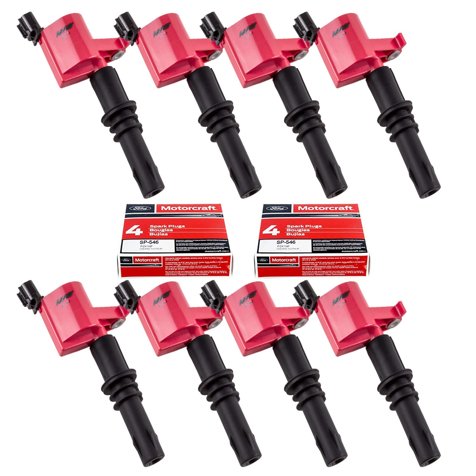 MAS Set of 8 Red Ignition Coils Pack DG511 & Motorcraft SP515 SP546 Spark Plug Compatible with Ford Expedition F150 F250 Lincoln Mark LT Navigator Replacement for 3L3E12A366CA 5C1584 C1541 FD508 DG511